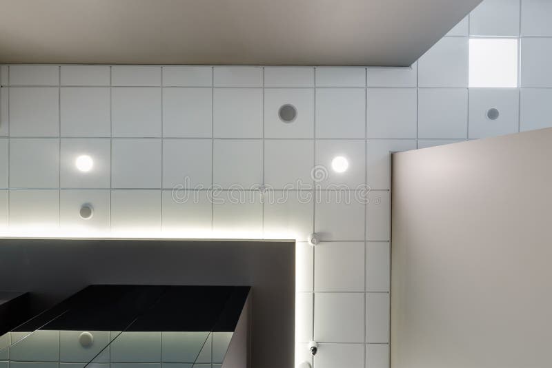Suspended Ceiling with Halogen Spots Lamps and Drywall Construction in ...