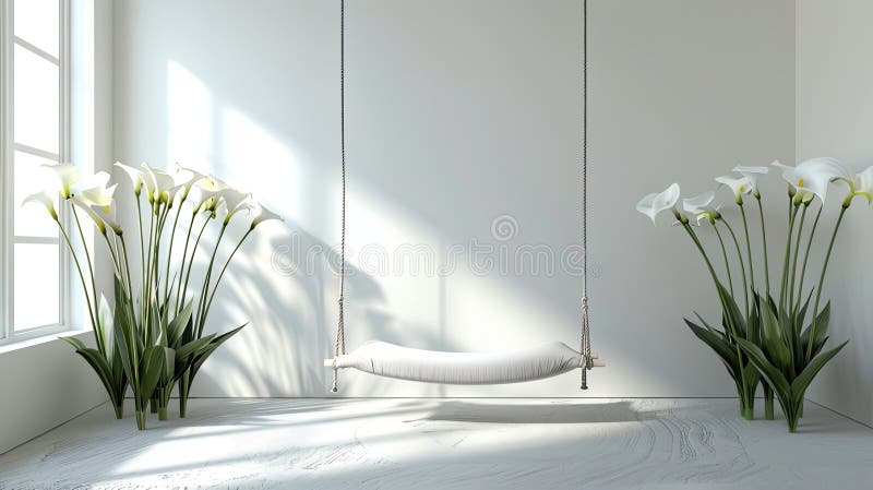 Suspended from the Ceiling by Ropes is a Bench, Adding a Touch of ...