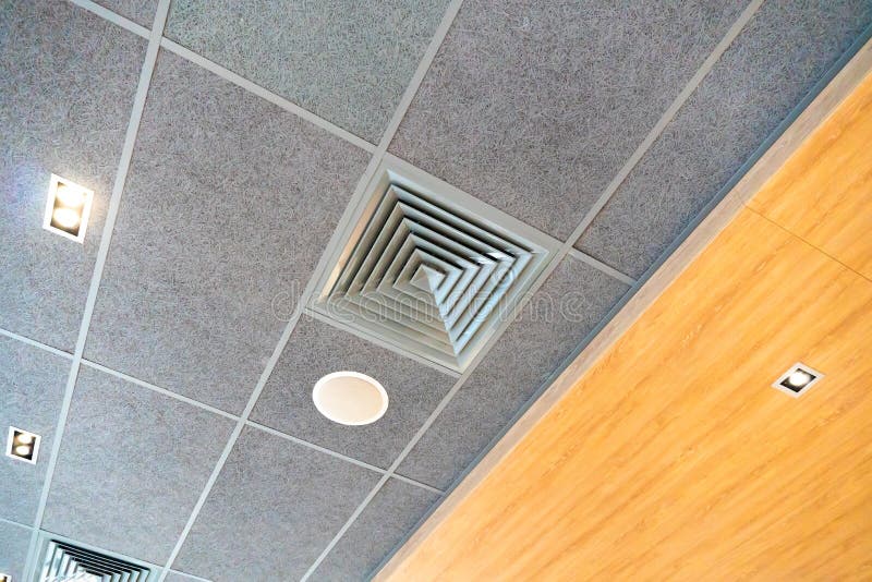 Suspended Ceiling with Ventilation Holes and Lamps. Interior Design in ...