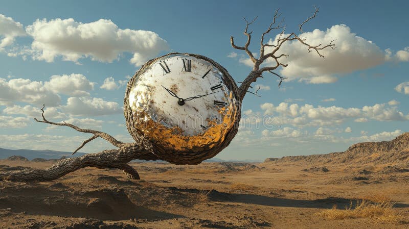 Suspended Clock Growing from Tree in Desert Stock Image - Image of ...