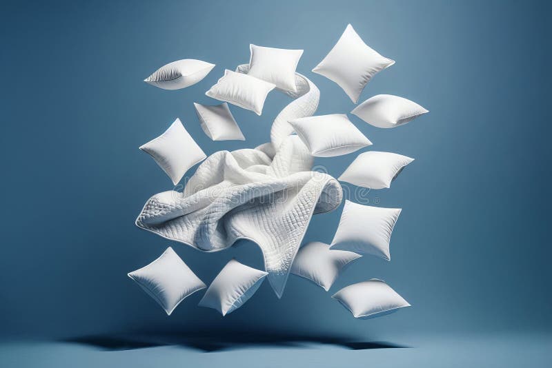 Suspended Collection of White Pillows and Blanket Against a Blue ...