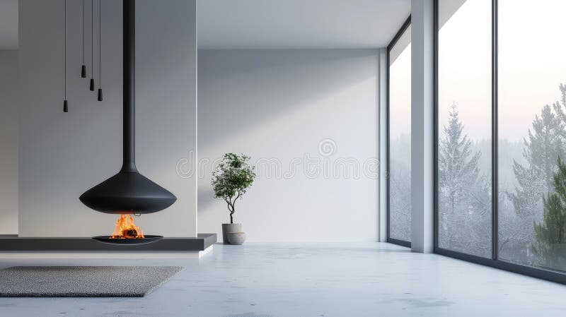 A Suspended Fireplace with a Bright Fire Hangs in the Middle of a Room ...
