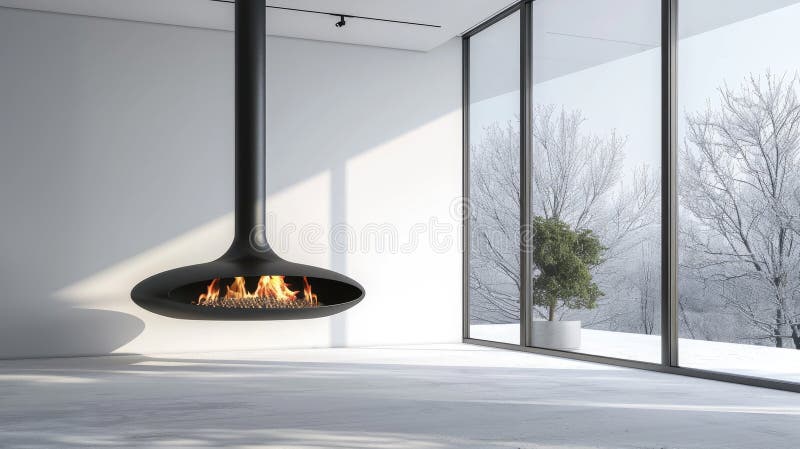 A Suspended Fireplace with a Bright Fire Hangs in the Middle of a Room ...