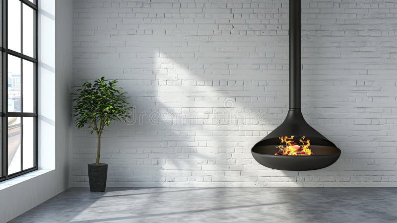 A Suspended Fireplace with a Bright Fire Hangs in the Middle of a Room ...