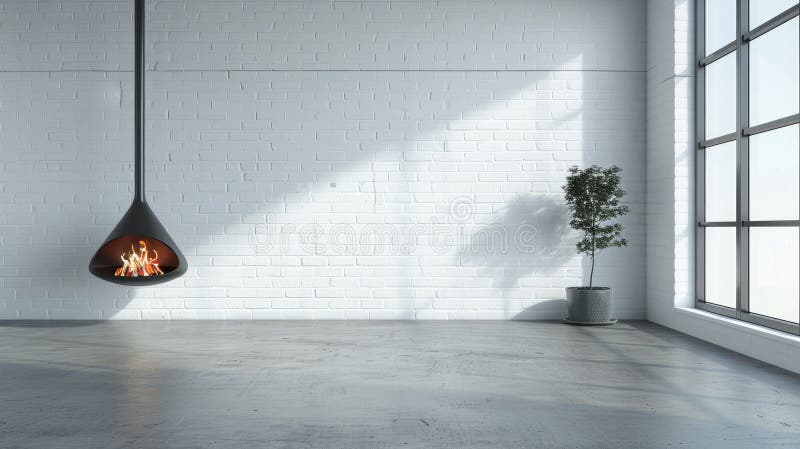 A Suspended Fireplace with a Bright Fire Hangs in the Middle of a Room ...