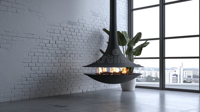 A Suspended Fireplace with a Bright Fire Hangs in the Middle of a Room ...