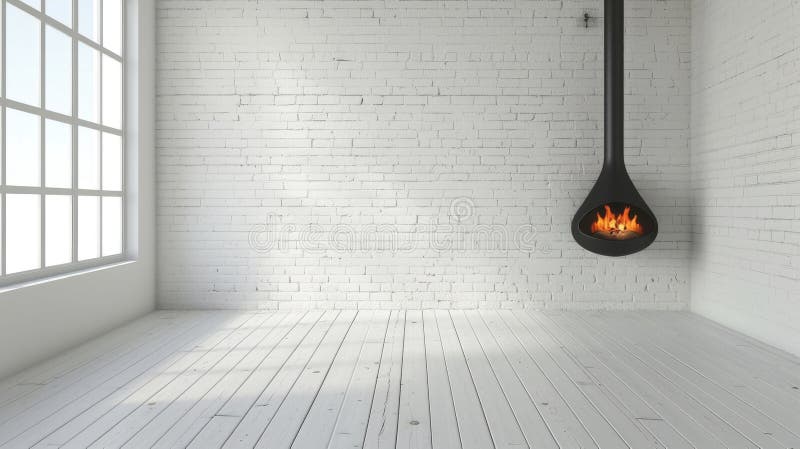 A Suspended Fireplace with a Bright Fire Hangs in the Middle of a Room ...