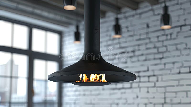 A Suspended Fireplace with a Bright Fire Hangs in the Middle of a Room ...