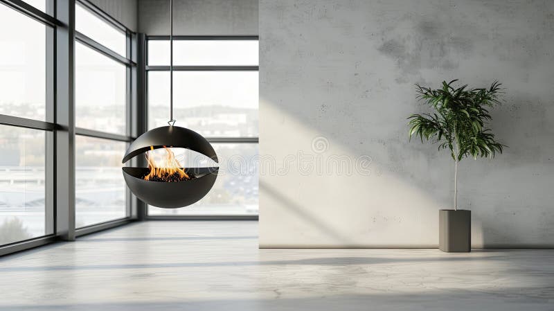 A Suspended Fireplace with a Bright Fire Hangs in the Middle of a Room ...