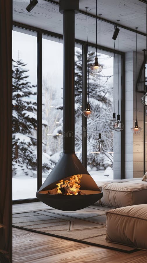 A Suspended Fireplace with a Bright Fire Hangs in the Middle of a Room ...