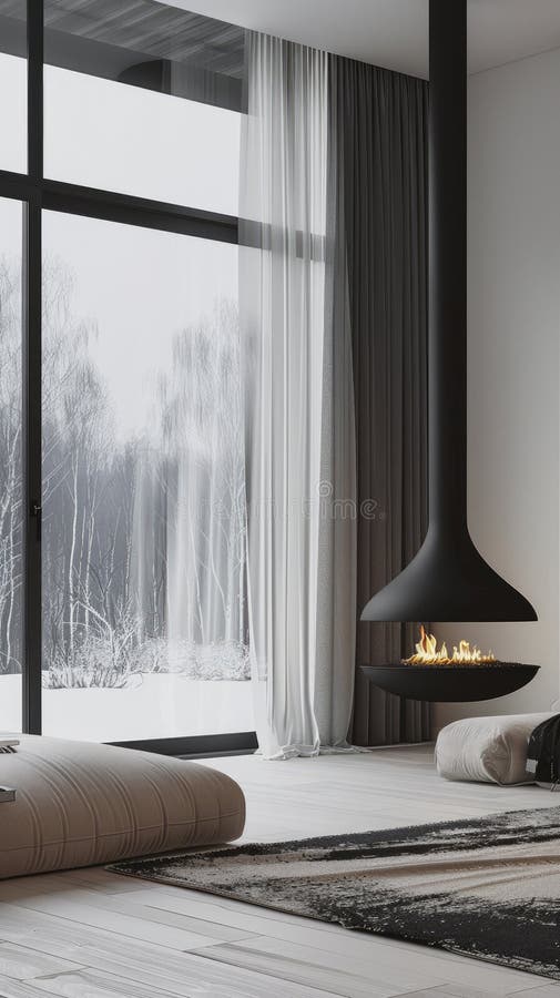 A Suspended Fireplace with a Bright Fire Hangs in the Middle of a Room ...
