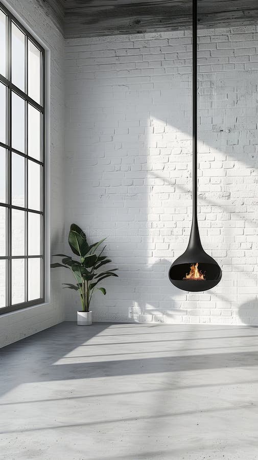 A Suspended Fireplace with a Bright Fire Hangs in the Middle of a Room ...