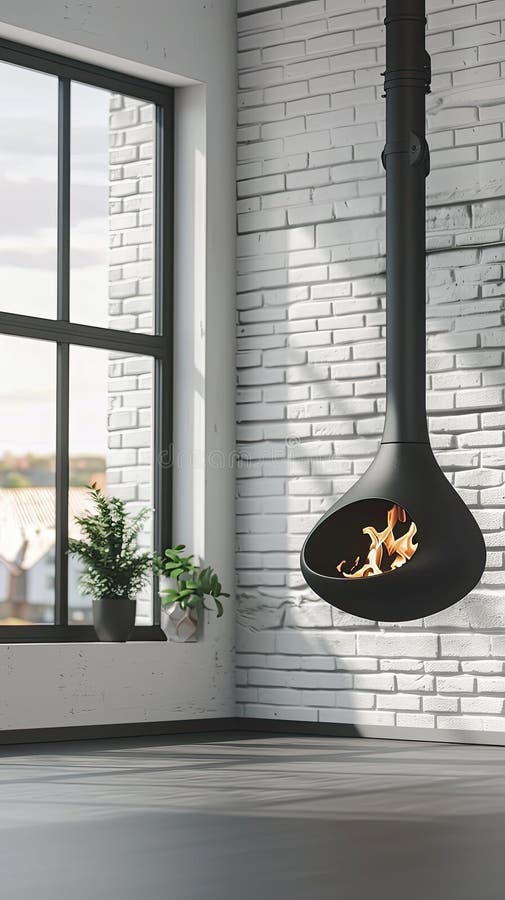 A Suspended Fireplace with a Bright Fire Hangs in the Middle of a Room ...