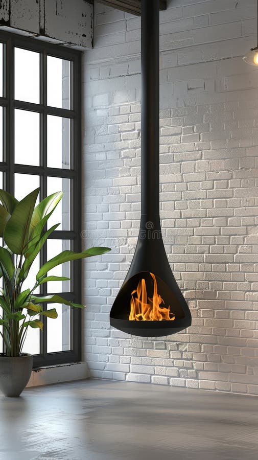 A Suspended Fireplace with a Bright Fire Hangs in the Middle of a Room ...