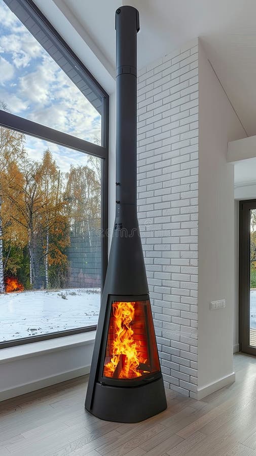 A Suspended Fireplace with a Bright Fire Hangs in the Middle of a Room ...