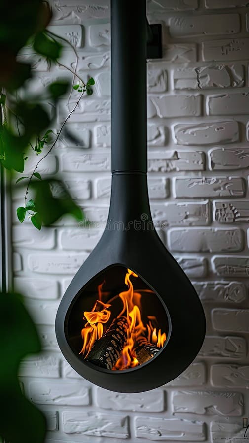 A Suspended Fireplace with a Bright Fire Hangs in the Middle of a Room ...