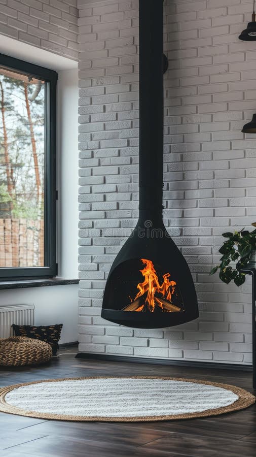 A Suspended Fireplace with a Bright Fire Hangs in the Middle of a Room ...