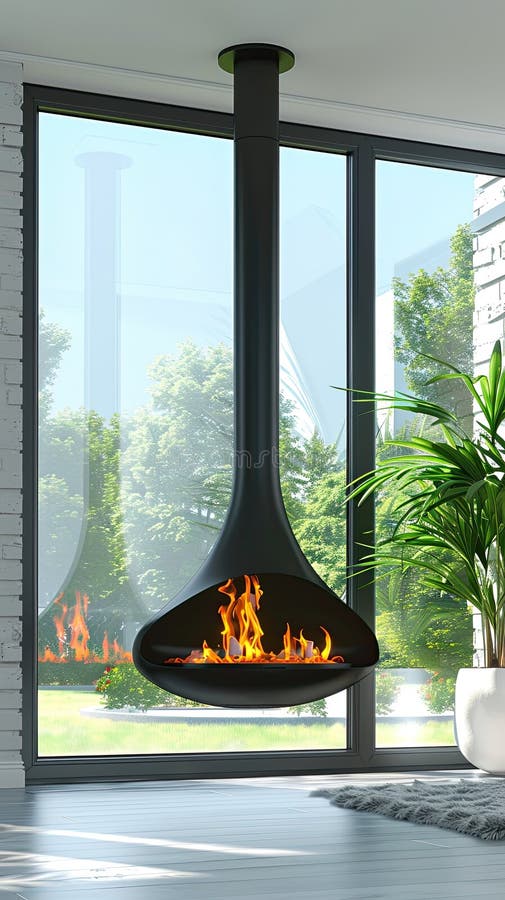 A Suspended Fireplace with a Bright Fire Hangs in the Middle of a Room ...