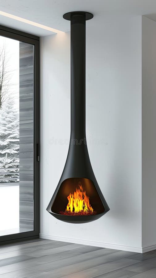 A Suspended Fireplace with a Bright Fire Hangs in the Middle of a Room ...