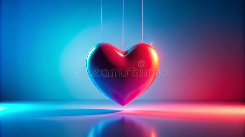 Suspended Heart in Vibrant Neon Lighting Reflecting on Polished Surface ...
