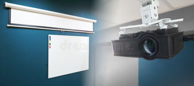 Suspended Multimedia Projector and White Screen on the Wall for ...