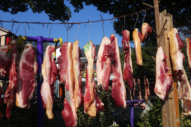 The Suspended Pieces of the Meat Drying Outside Stock Photo - Image of ...