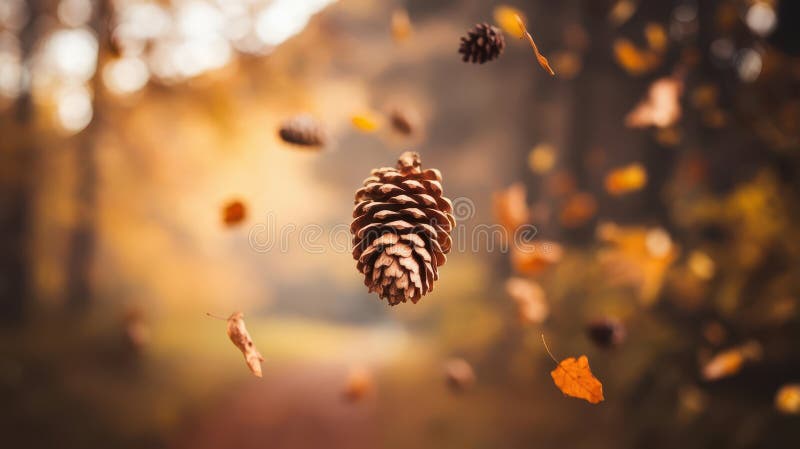 Suspended Pine Cone with Falling Autumn Leaves Stock Illustration ...