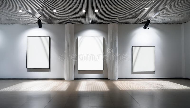 Suspended Posters Casting Soft Shadows in a Bright White Gallery. Art ...