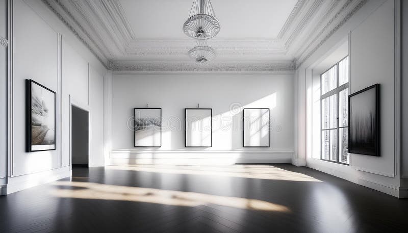 Suspended Posters Casting Soft Shadows in a Bright White Gallery. Art ...