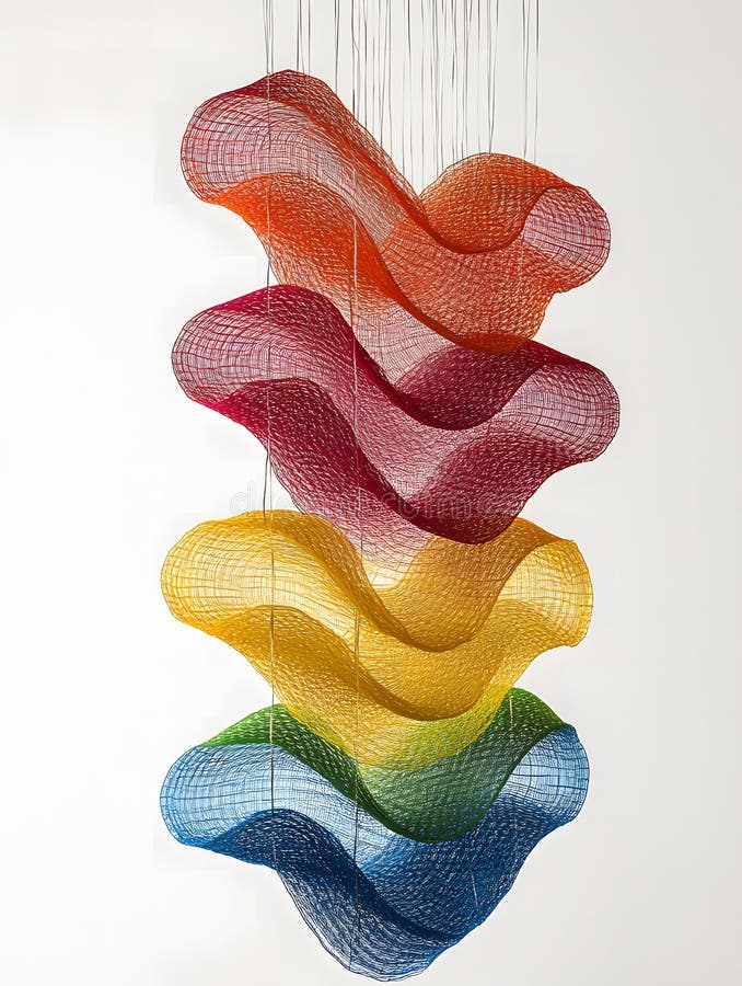A Suspended Sculpture with Stacked Colorful Wavy Mesh Forms Hanging ...