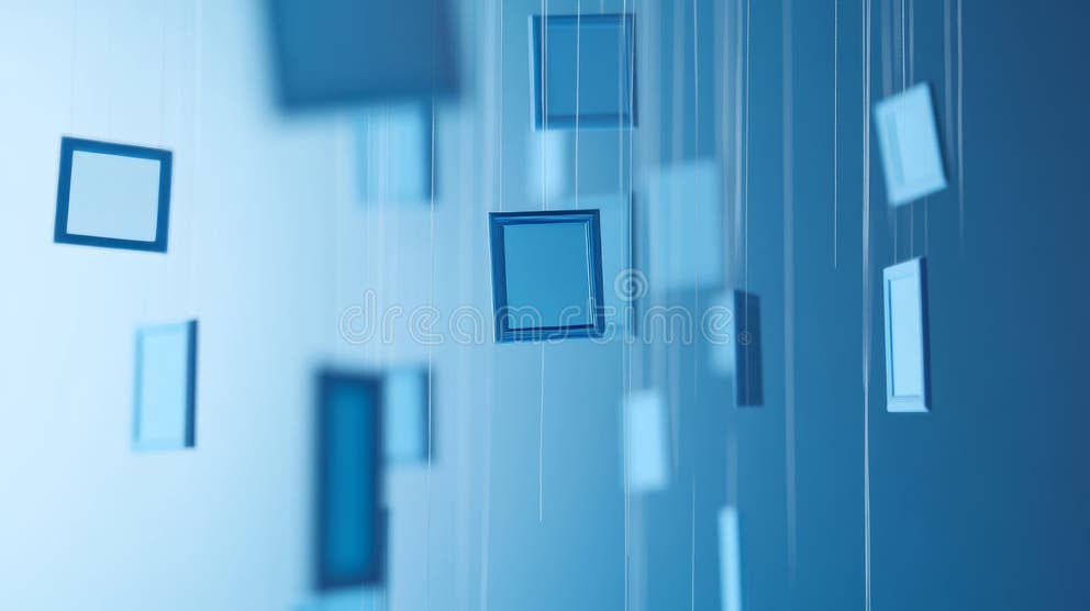 Suspended Small Blue Frames from Ceiling Forming Lollipop Shape with ...