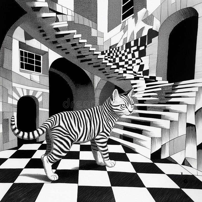 Suspended in a Surreal Checkered Void, a Cat Commands Attention with ...