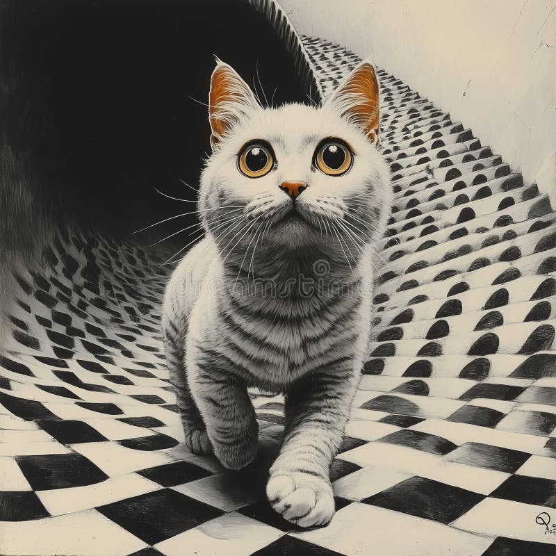 Suspended in a Surreal Checkered Void, a Cat Commands Attention with ...