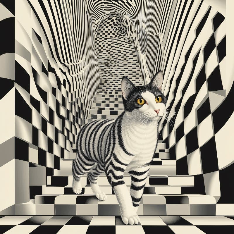 Suspended in a Surreal Checkered Void, a Cat Commands Attention with ...