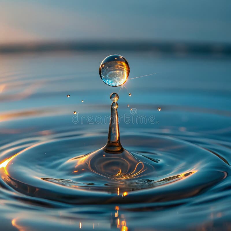 Suspended Water Drop Impact Golden Light and Ripples, Liquid ,splash ...