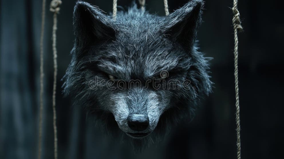 Suspended Wolf Puppet Head in a Dark Setting Stock Photo - Image of ...
