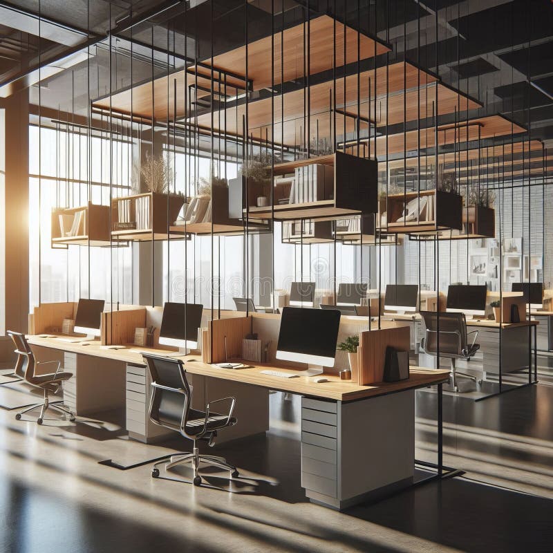 Suspended Workstations Desks Hung from the Ceiling by Sturdy Cab Stock ...