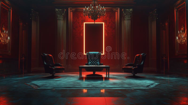 Elegant Red Room Interior Design with Modern Leather Chairs and Neon ...