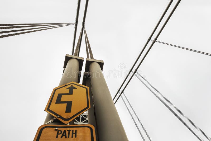 Suspension Bridge Cables with Path Sign Stock Image - Image of ...