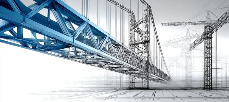 Suspension Bridge Construction with Cranes and Urban Development in ...