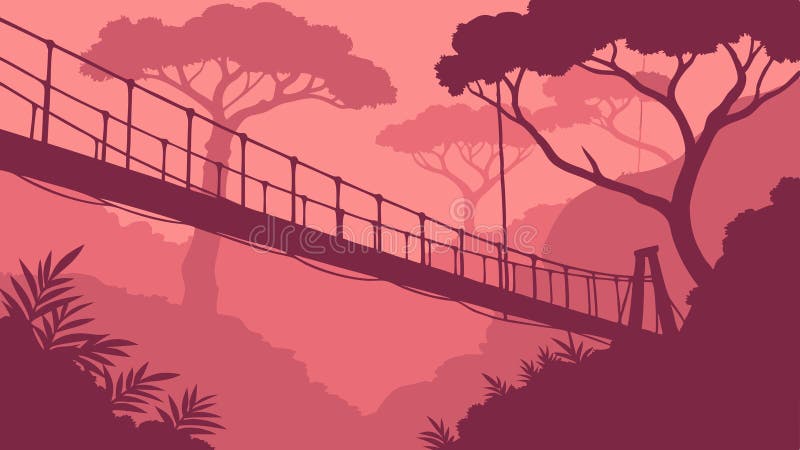 Suspension Bridge in a Dramatic Red Forest Scene, Vector Design ...