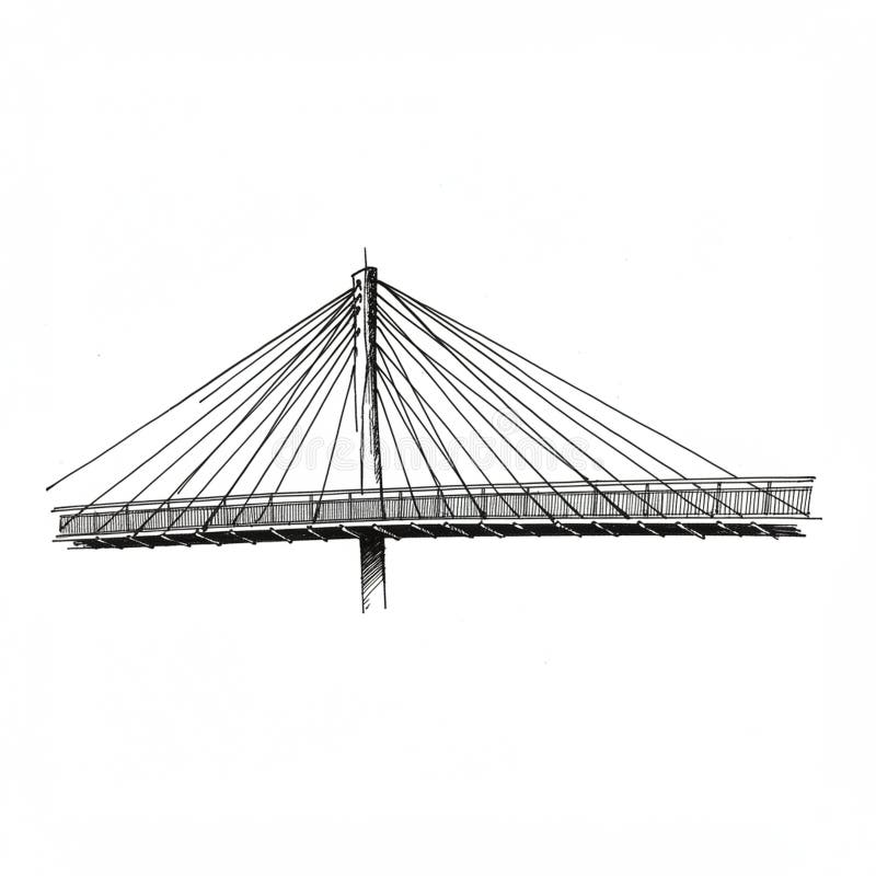 Suspension Bridge Illustration with a Central Pylon and Cables ...