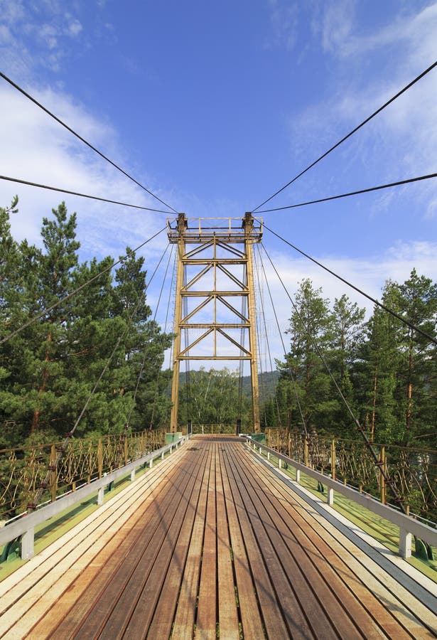 Suspension Bridge between the Islands on Mountain River Katun. Stock ...