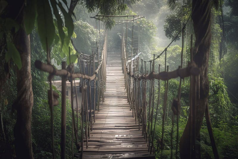 Suspension Bridge in the Jungle Stock Illustration - Illustration of ...