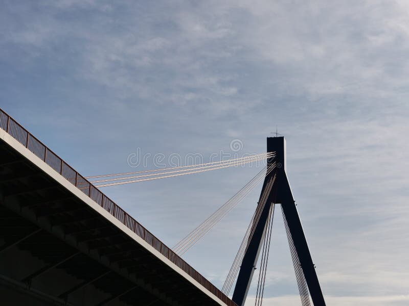 Suspension Bridge with Main Beam and Thin Cables Against Sky Holding a ...