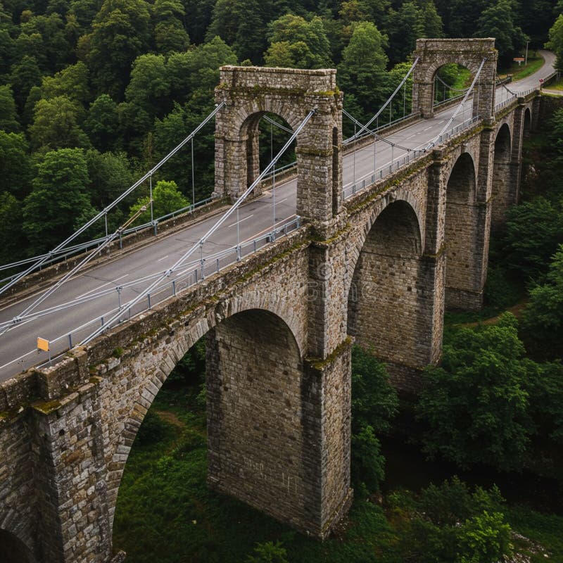 Suspension Bridge with Multiple Stone Arches Spans Over Lush Greenery ...