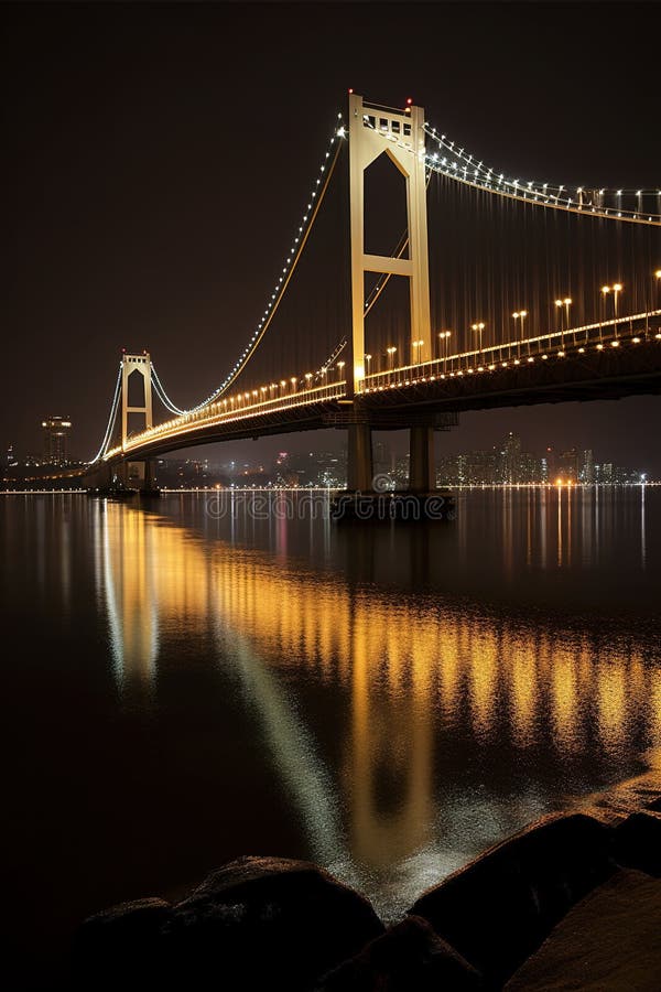 Suspension Bridge Over Big River Illuminated at Night. Stock ...