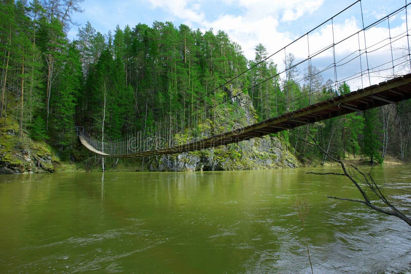 Suspension Bridge Over a River in the Spring Forest Stock Image - Image ...