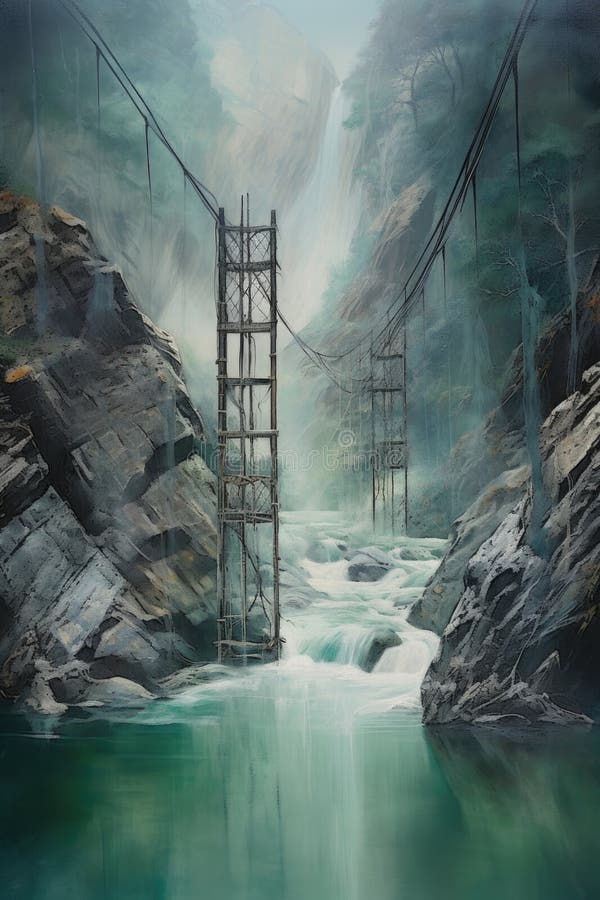 Suspension Bridge Over a Rushing River Stock Illustration ...