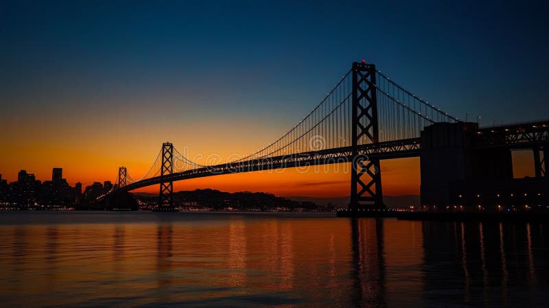 Suspension Bridge Silhouette at Sunset Over City Skyline Stock ...